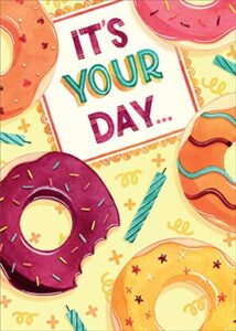 rsvp birthday greeting card - donuts and candles: it's your day funny/humorous,bright blue,5" x 7",gc-b5959a