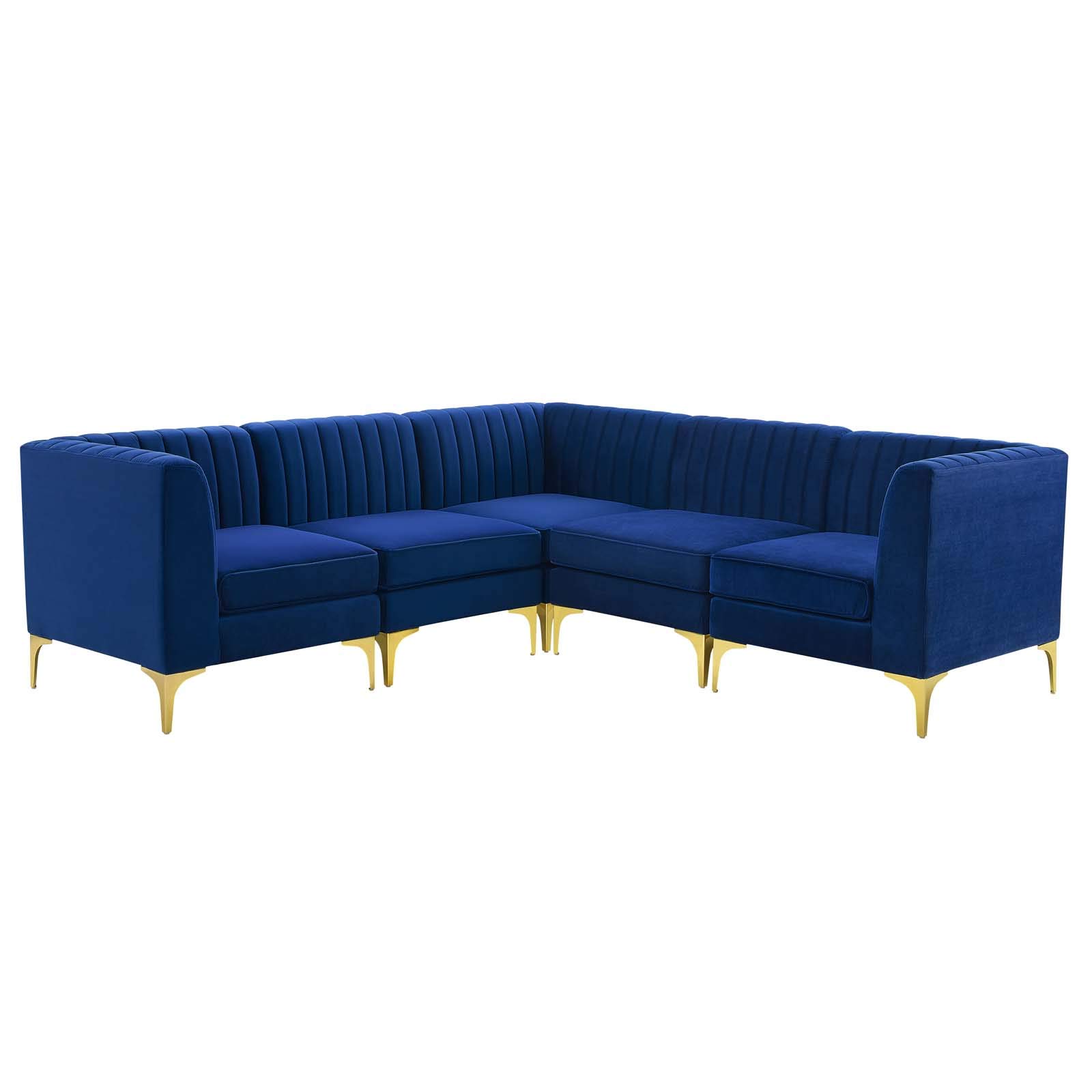 Modway Triumph Channel Tufted Performance Velvet 5-Piece, L-Shaped Sectional Sofa, Navy