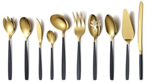 black with gold silverware serving set 10 pieces, black gold flatware serving set, serving utensils, include slotted spoon, cake server, sugar spoon, soup ladle, wedding cake knife ect