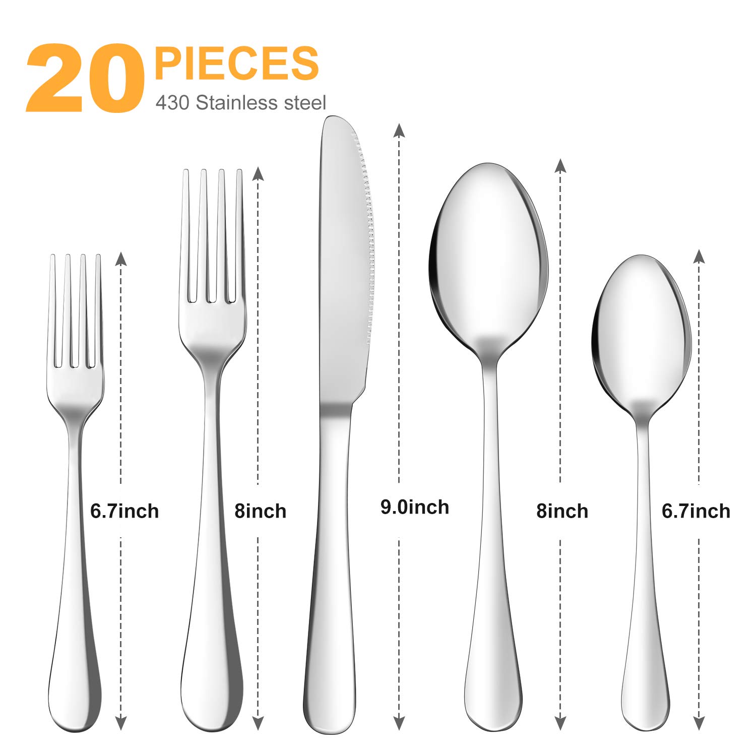 20 Pieces Silverware Flatware Set, Stainless Steel Cutlery Forks Spoons Service for 4 set, Elegant Utensil Tableware Sets for Eating, Zocy Serving for Kitchen and Hotel