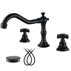 gotonovo 3 hole widespread bathroom sink faucet double cross handle mixer tap faucet for bathroom sink vanity faucet deck mount basin hot cold water matching pop up drain matte black