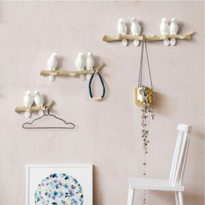 Clothes Hooks Wall Mounted White Stick, 4 Birds Hooks, 3 Birds Hooks, 2 Birds Hooks, Space Saving Hanger for Wall, Hooks to Hangs Bags,Coats,Scarves (White 2birds Hook)…