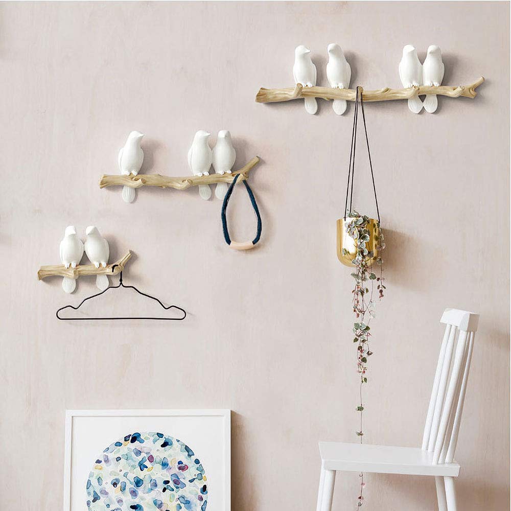 Clothes Hooks Wall Mounted White Stick, 4 Birds Hooks, 3 Birds Hooks, 2 Birds Hooks, Space Saving Hanger for Wall, Hooks to Hangs Bags,Coats,Scarves (White 2birds Hook)…