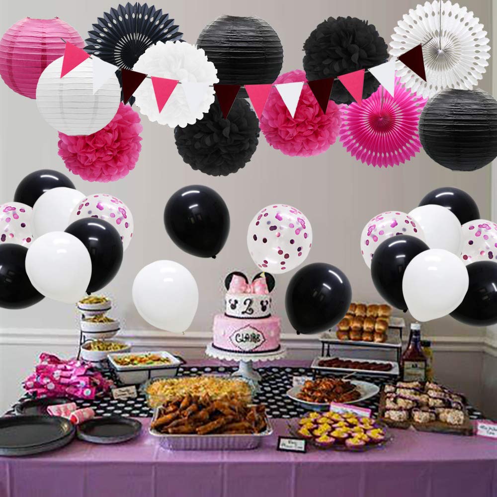 Meiduo Hot Pink White Black Party Decorations Paper Fans Lanterns Flower Pom Poms Felt Pennant Balloons for Lingerie Bridal Shower Minnie Mouse Themed Birthday Bachelorette Hen Party Valentine's Day