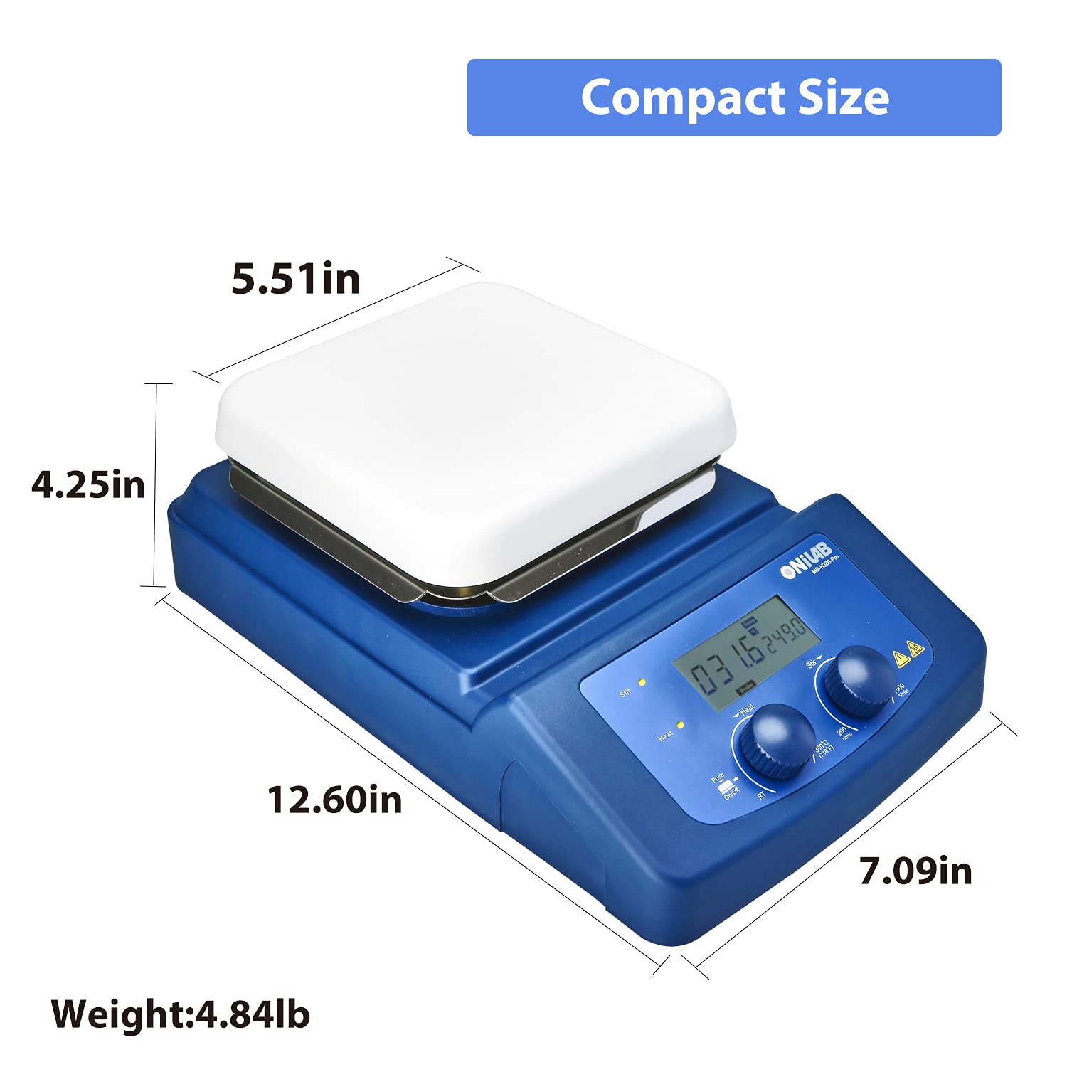 ONiLAB 380℃ LCD Digital Hotplate Magnetic Stirrer with Ceramic Coated Aluminum Work Plate, 200-1500rpm,5L,Temp Probe Sensor & Support Stand & Stirring Bar Included