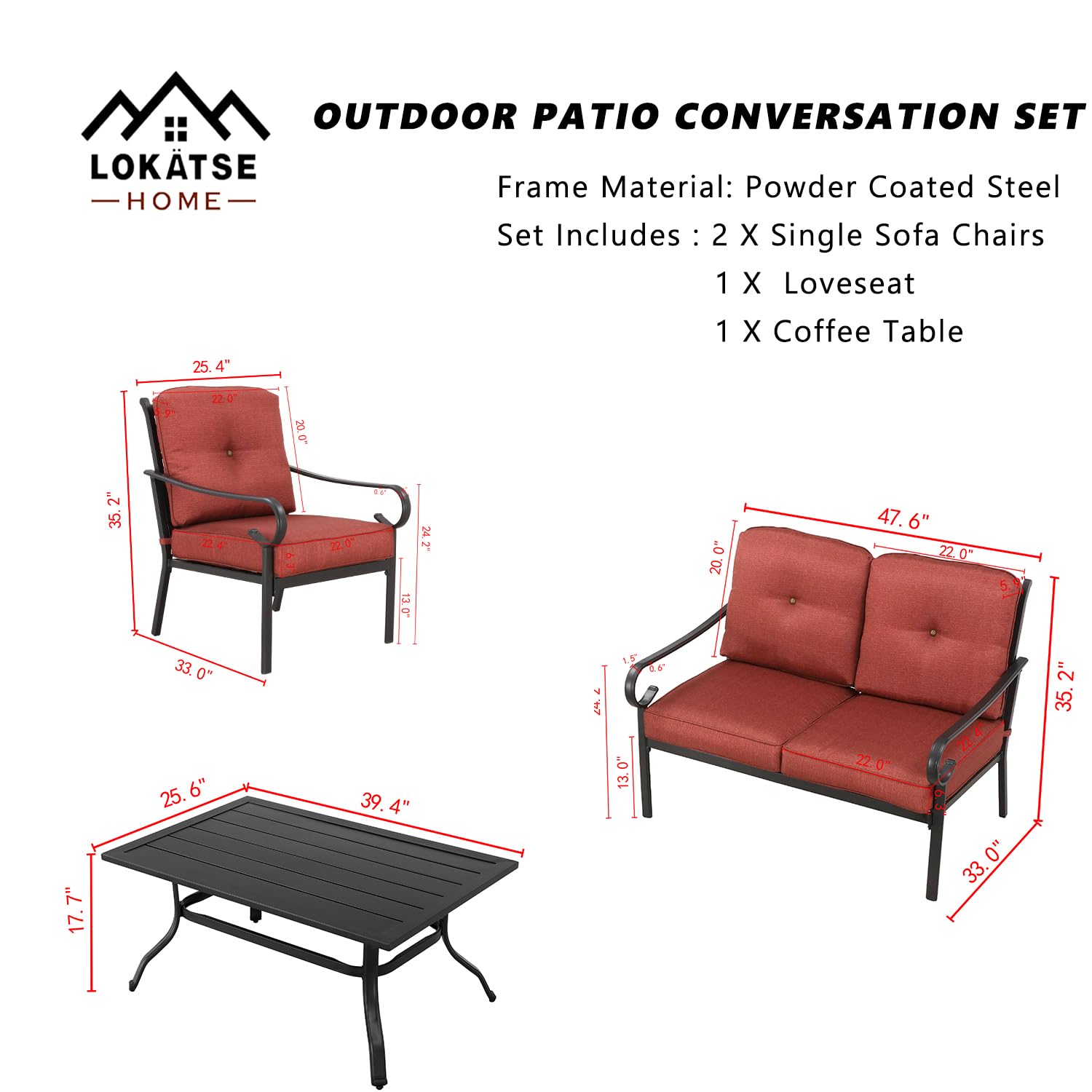 LOKATSE HOME Patio Cushioned Furniture Outdoor Bistro Loveseat, 2 Single Sofa Chairs, 1 Coffee Table, 4 Piece Conversation Set, Red