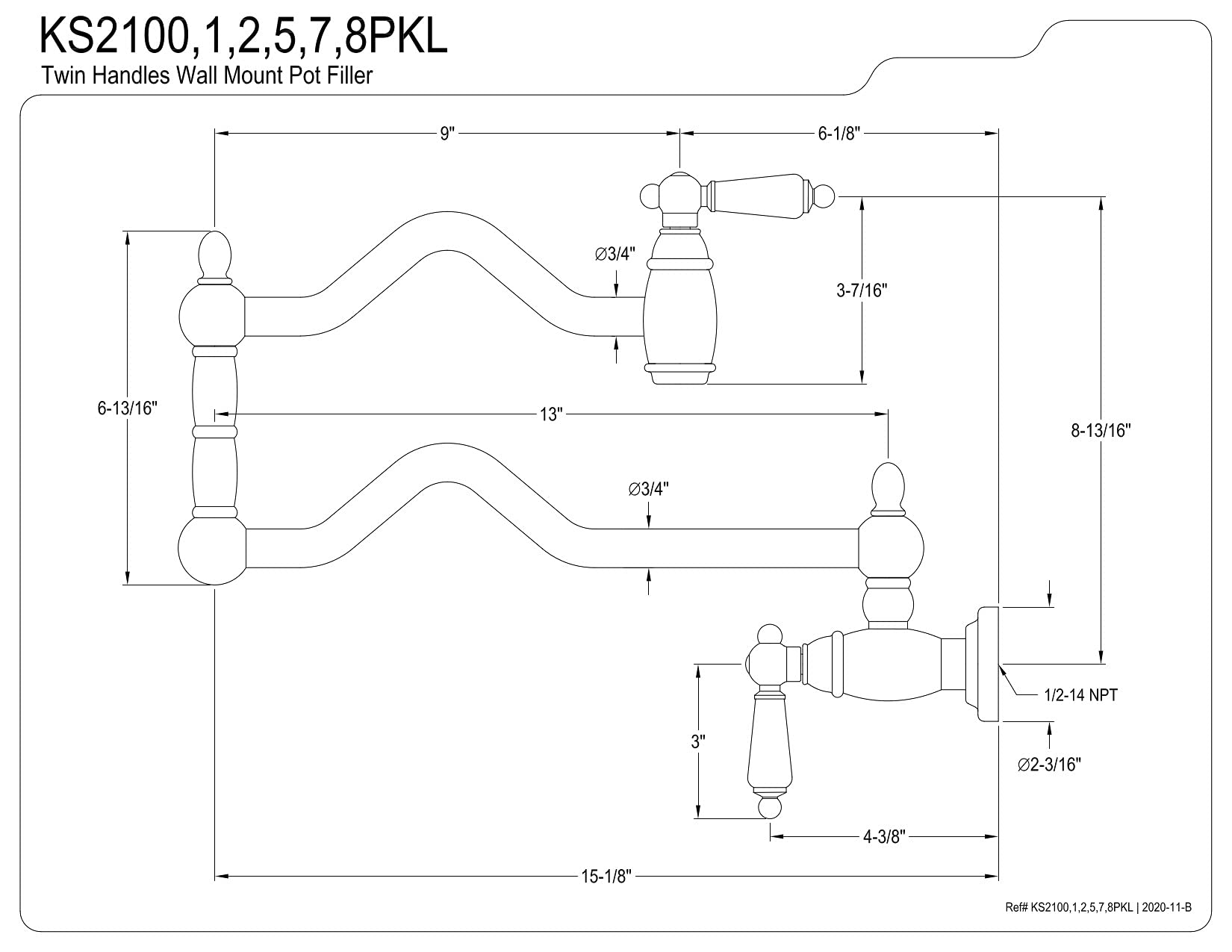 Kingston Brass KS2108PKL Duchess Wall Mount Pot Filler, Brushed Nickel