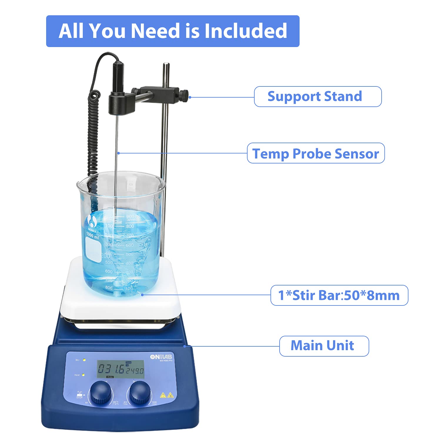 ONiLAB 380℃ LCD Digital Hotplate Magnetic Stirrer with Ceramic Coated Aluminum Work Plate, 200-1500rpm,5L,Temp Probe Sensor & Support Stand & Stirring Bar Included