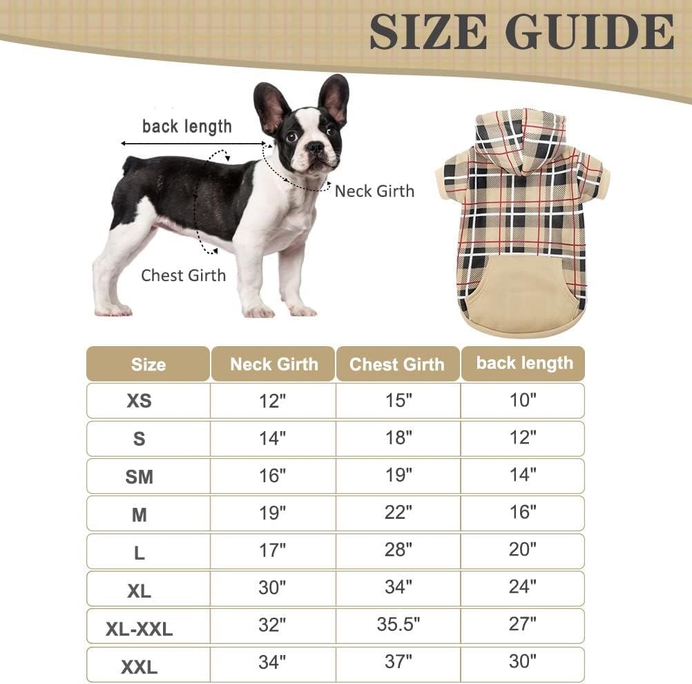 EXPAWLORER Plaid Dog Hoodie - British Style Soft and Warm Dog Sweater with Leash Hole, Hooded Cold Weather Clothes, Dog Sweatshirt, Outfits, Winter Coat for Small Medium Large Dogs