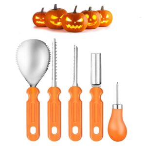 sunwuun halloween pumpkin carving kit, 5 piece tainless steel pumpkin tools, sturdy pumpkin carving tool kit for kids