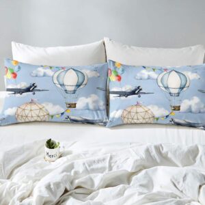 Erosebridal Cartoon Airplane Comforter Cover Hot Air Balloon Bedding Set Aviation Adventure Aircraft Duvet Cover Balloon White Cloud Quilt Cover for Kid Boy Teen, Blue 2 Pcs Twin Size