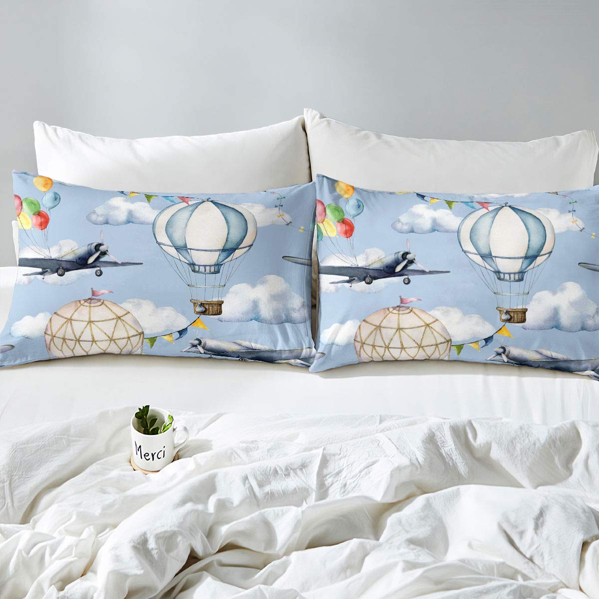 Erosebridal Cartoon Airplane Comforter Cover Hot Air Balloon Bedding Set Aviation Adventure Aircraft Duvet Cover Balloon White Cloud Quilt Cover for Kid Boy Teen, Blue 2 Pcs Twin Size