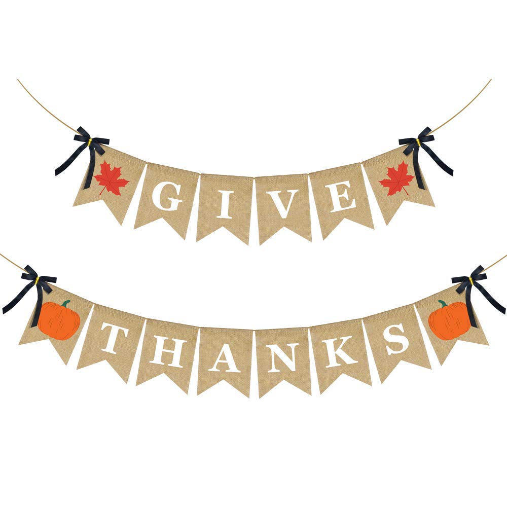 ERKOON Thanksgiving Banner, Give Thanks Burlap Banner Garland Bunting Banner for Harvest Time Thanksgiving Party Decoration