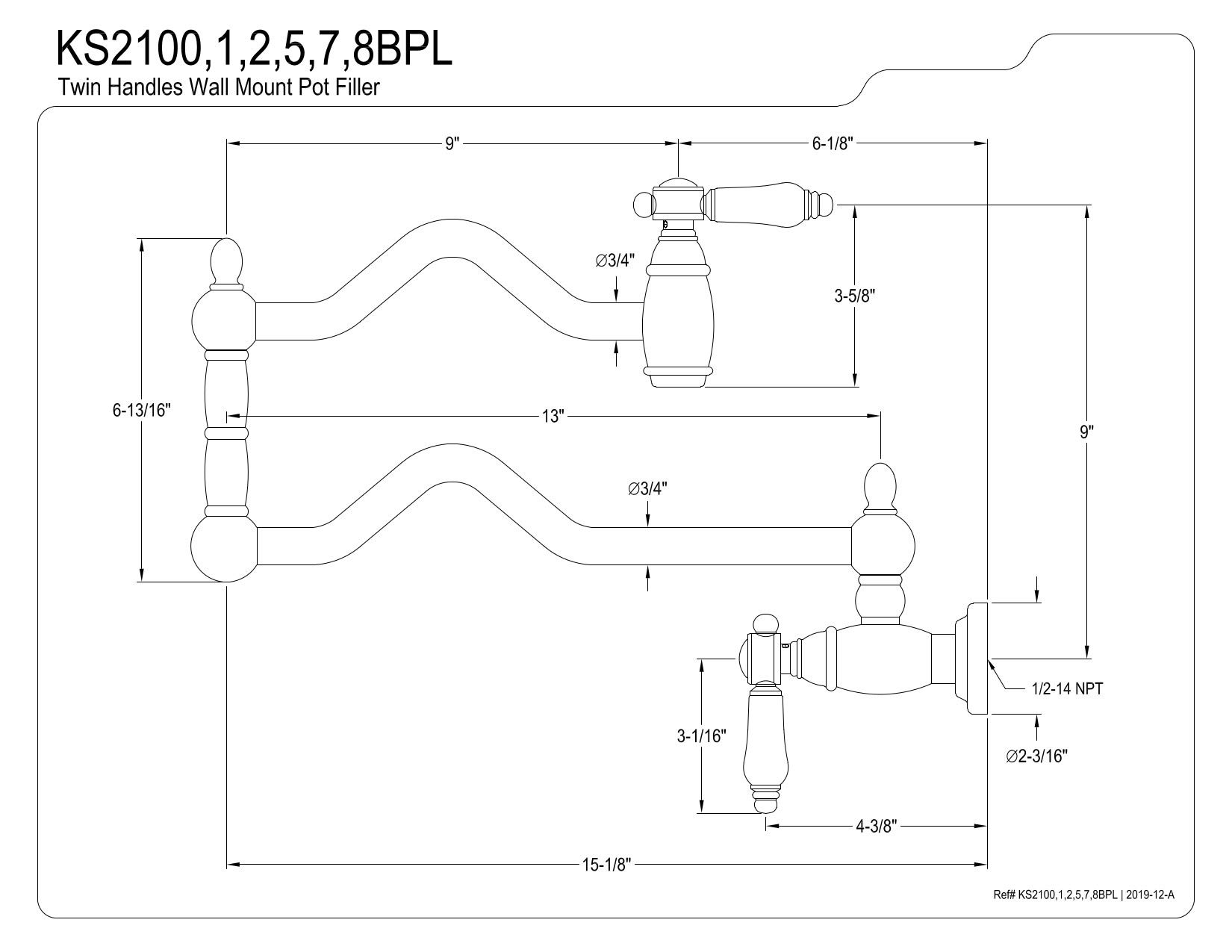 Kingston Brass KS2105BPL Bel-Air Wall Mount Pot Filler, Maximum 22-Inch Spout Reach, Oil Rubbed Bronze