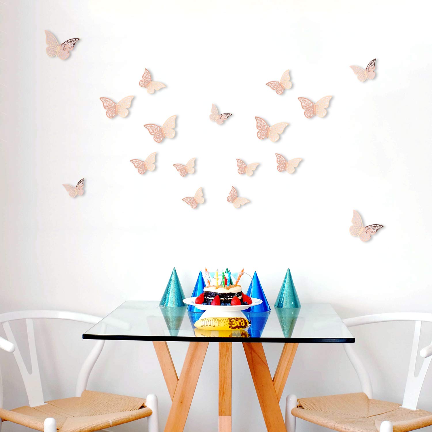 AIEX 24pcs 3D Butterfly Stickers 3 Sizes Wall Decals Room Decoration for Bedroom Party Wedding (Rose Gold)