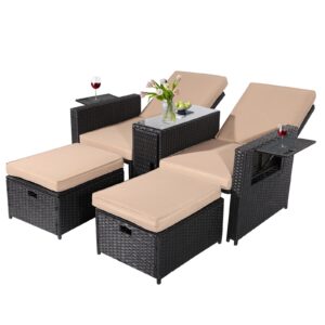 vuyuyu 5pcs outdoor wicker chaise lounge chair - rattan adjustable reclining patio lounge chair with ottoman and coffee table, for patio beach pool backyard (black wicker khaki cushion)