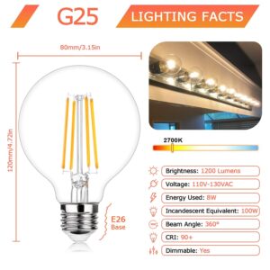 G25 LED Edison Dimmable Globe Light Bulbs 100W Equivalent 1200LM 2700K Soft Warm White LED Vanity Light 8W E26 Medium Base Vintage Filament Bulbs for Bedroom Bathroom Makeup Mirror Pendant 4 Packs