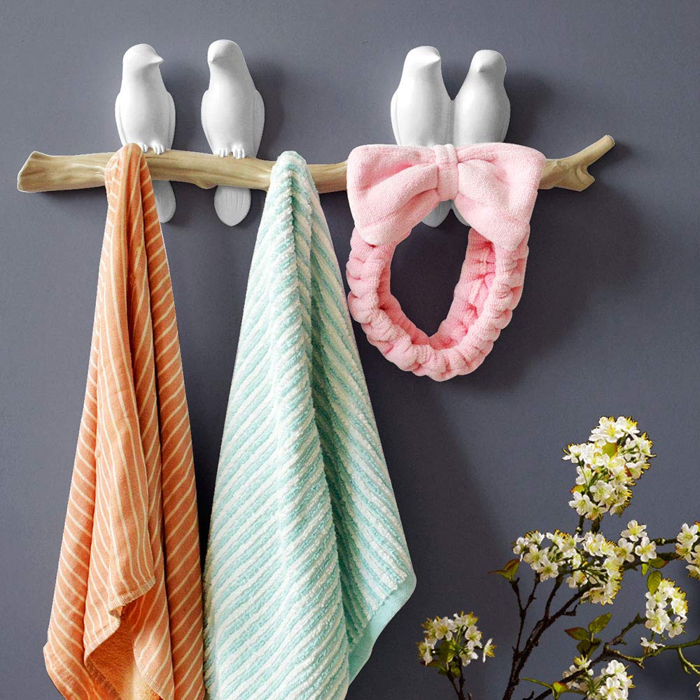 Clothes Hooks Wall Mounted White Stick, 4 Birds Hooks, 3 Birds Hooks, 2 Birds Hooks, Space Saving Hanger for Wall, Hooks to Hangs Bags,Coats,Scarves (White 2birds Hook)…