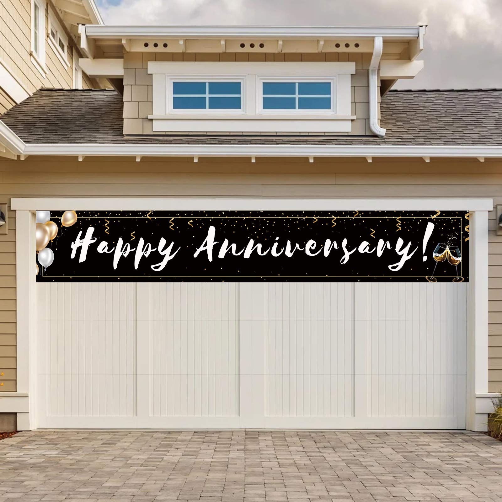 TZSS Happy Anniversary Decorations, Black Happy Anniversary Banner Yard Signs, Wedding Anniversary Decorations for Party（118" X 20"）