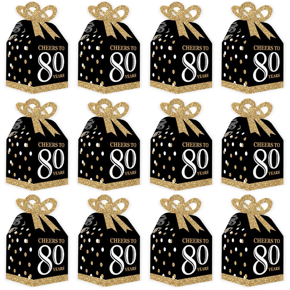 Big Dot of Happiness Adult 80th Birthday - Gold - Square Favor Gift Boxes - Birthday Party Bow Boxes - Set of 12