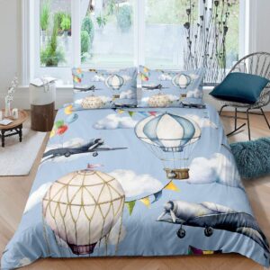 erosebridal cartoon airplane comforter cover hot air balloon bedding set aviation adventure aircraft duvet cover balloon white cloud quilt cover for kid boy teen, blue 2 pcs twin size