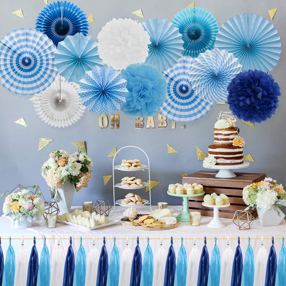 Meiduo Blue Party Decorations Hanging Paper Fans Pom Poms Flowers Tissue Tassel Garland for Elephant Shark Theme Kids Birthday Baby Shower Graduation