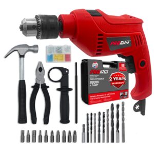 promaker corded drill with 88 accesories, 1/2-inch - tool set with drill and adjustable handle,- hammer drill with variable speed 0-3000 rpm - electric drill with option to choose drill and hammer.