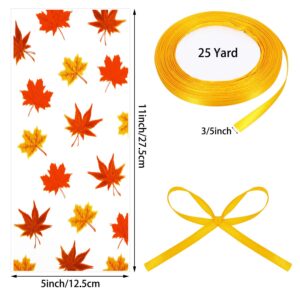 100 Pieces Fall Cellophane Bags Thanksgiving Halloween Party Favor Maple Leaf Cello Autumn Treat Bags with A Roll of Orange Ribbon for Chocolate Candy Cookies and Snacks