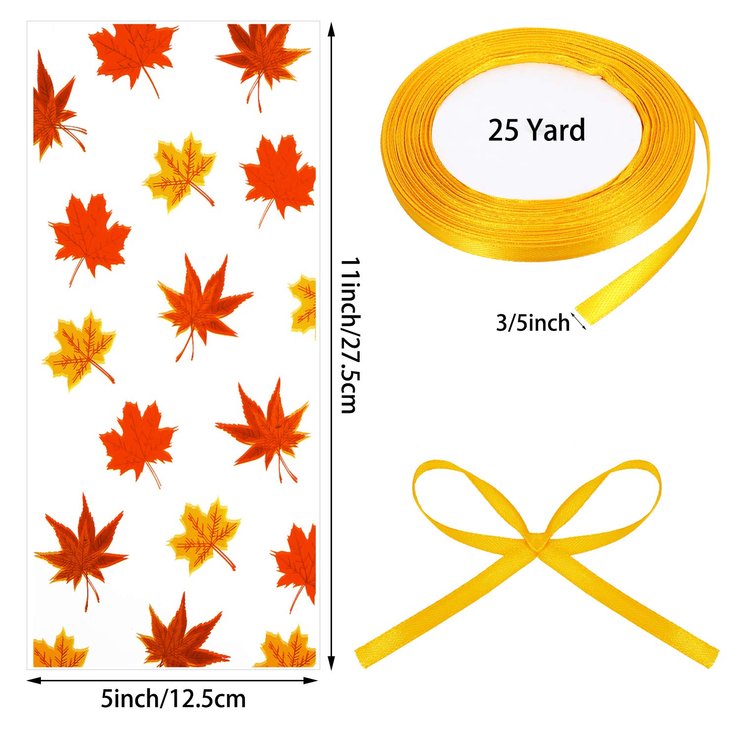 100 Pieces Fall Cellophane Bags Thanksgiving Halloween Party Favor Maple Leaf Cello Autumn Treat Bags with A Roll of Orange Ribbon for Chocolate Candy Cookies and Snacks