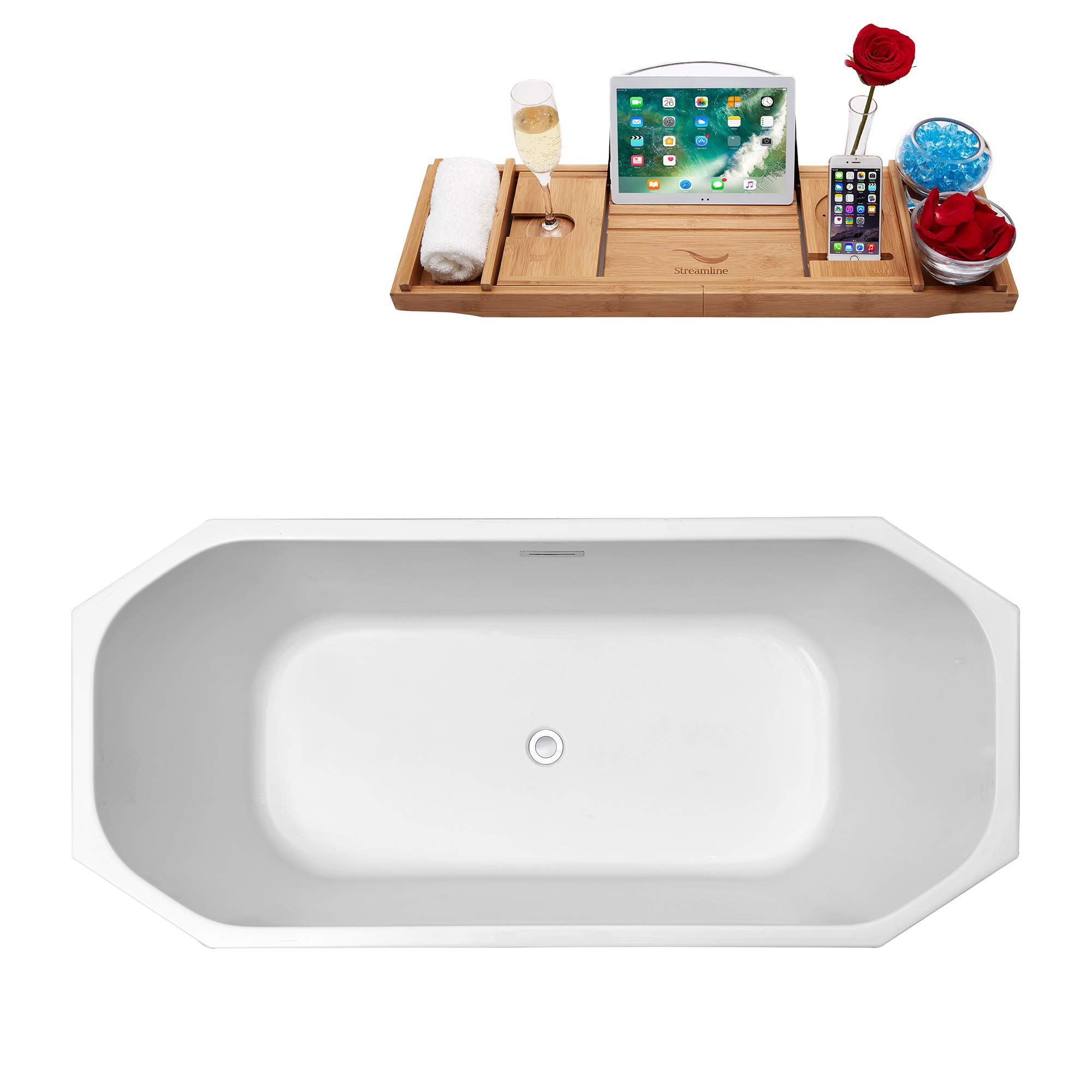 67" Streamline N-622-67FSWH-FM Freestanding Tub and Tray With Internal Drain