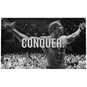 banger - original arnold schwarzenegger conquer motivational inspirational office gym dorm wall decor design on a 3x5 feet flag with 4 grommets for easy hanging. authentic banger flag