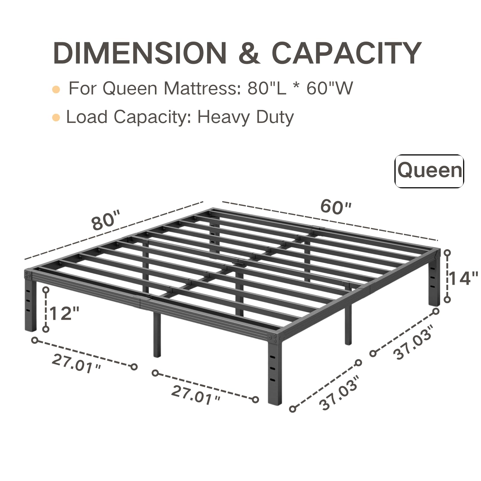 COMASACH Queen Bed Frame Heavy Duty,14" High Black Metal Platform Bed Frame,Sturdy Steel Frame,No Box Spring Needed,Noise-Free,Easy Assembly