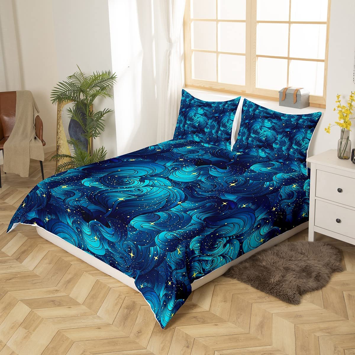 Erosebridal Starry Sky Comforter Cover, Fantasy Night Stars Nebula Comic Cartoon Curled Wave Japanese Style Duvet Cover, Decorative 3 Piece Bedding Set with 2 Pillow Shams, Full Size, Blue Gold