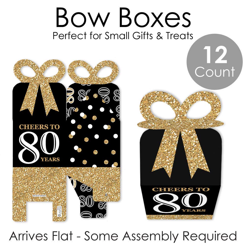 Big Dot of Happiness Adult 80th Birthday - Gold - Square Favor Gift Boxes - Birthday Party Bow Boxes - Set of 12