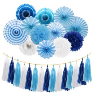 meiduo blue party decorations hanging paper fans pom poms flowers tissue tassel garland for elephant shark theme kids birthday baby shower graduation