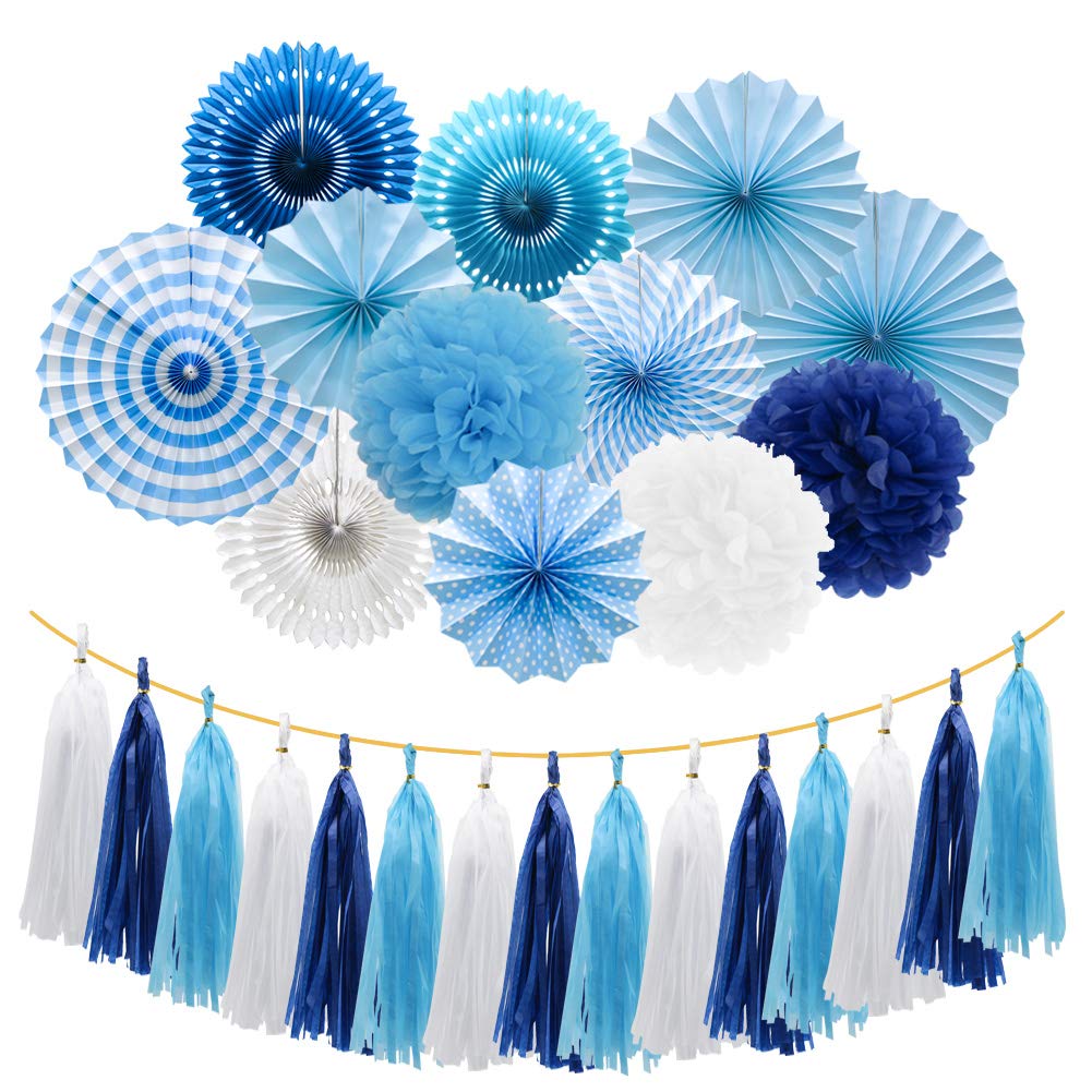 Meiduo Blue Party Decorations Hanging Paper Fans Pom Poms Flowers Tissue Tassel Garland for Elephant Shark Theme Kids Birthday Baby Shower Graduation