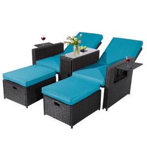 vuyuyu 5pcs outdoor wicker chaise lounge chair - rattan adjustable reclining patio lounge chair with ottoman and coffee table, for patio beach pool backyard (black wicker turquoise cushion)