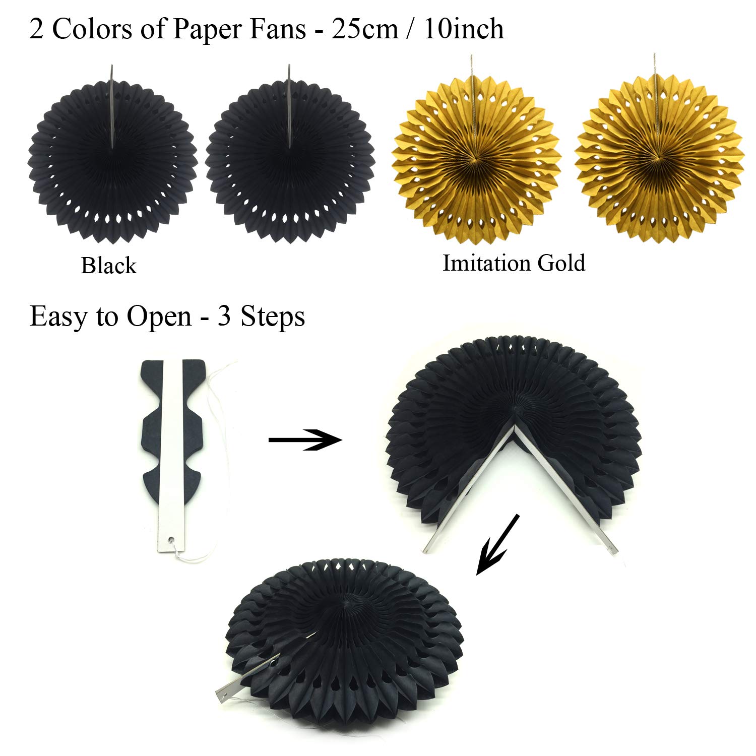 ZERODECO Black and Gold Party Decorations, Confetti Balloons Decorative Folding Fans Paper Pompoms Triangle Bunting Flags Garlands for Graduation Wedding Birthday Photo Backdrop Party Decorations