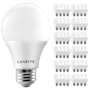 luxrite a19 led bulb 60w equivalent, 5000k bright white, 800 lumens, dimmable standard led light bulbs 9w, enclosed fixture rated, energy star, e26 medium base - indoor and outdoor (48 pack)