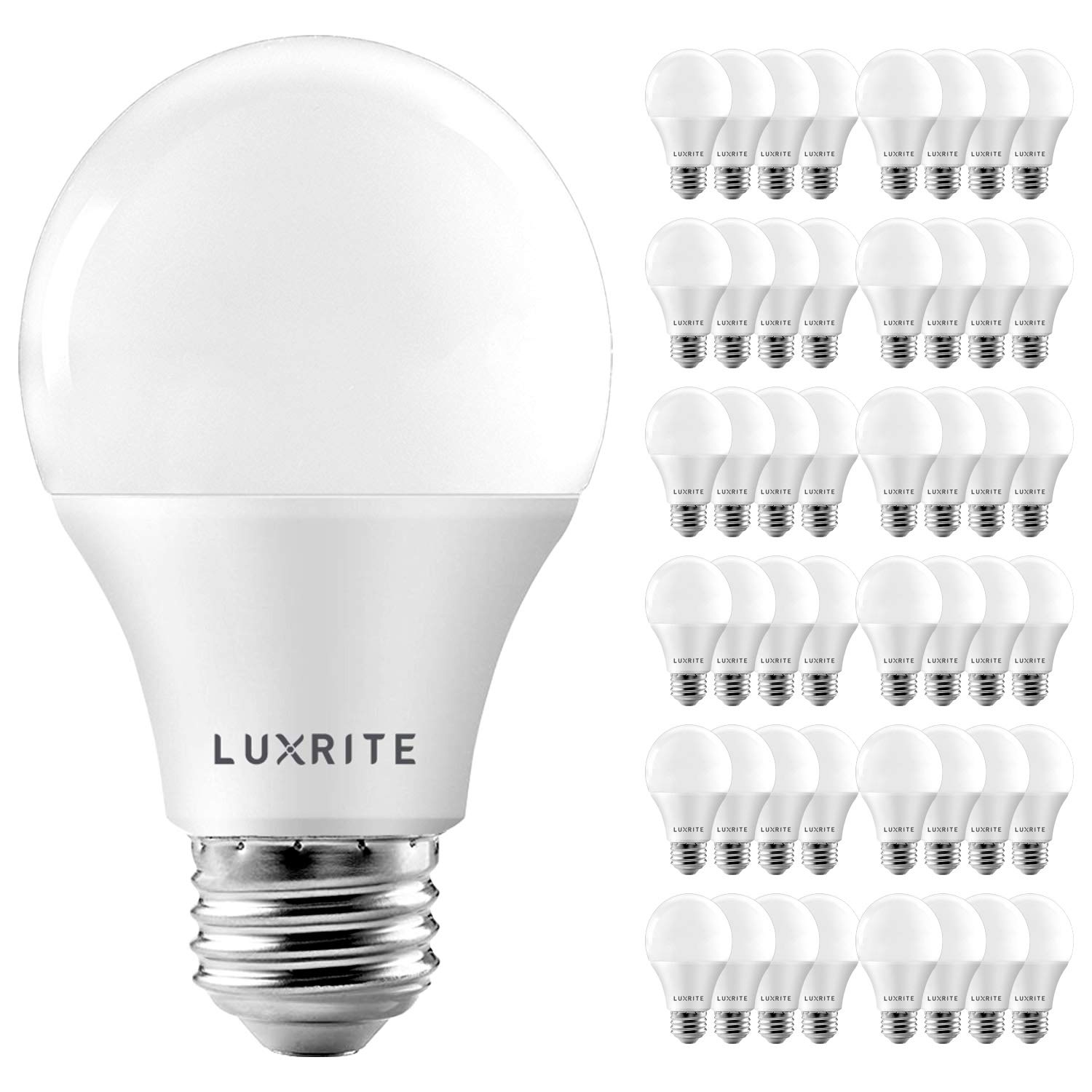 LUXRITE A19 LED Bulb 60W Equivalent, 5000K Bright White, 800 Lumens, Dimmable Standard LED Light Bulbs 9W, Enclosed Fixture Rated, Energy Star, E26 Medium Base - Indoor and Outdoor (48 Pack)