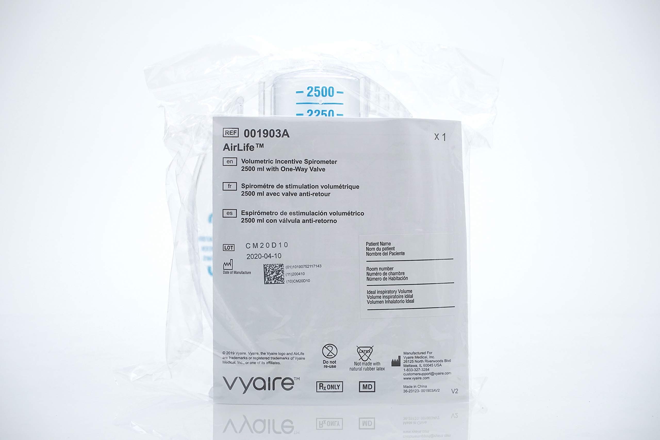 Vyaire Medical 1903A AirLife Volumetric Incentive Spirometers with One-Way Valve, 2500 mL, Pack of 12