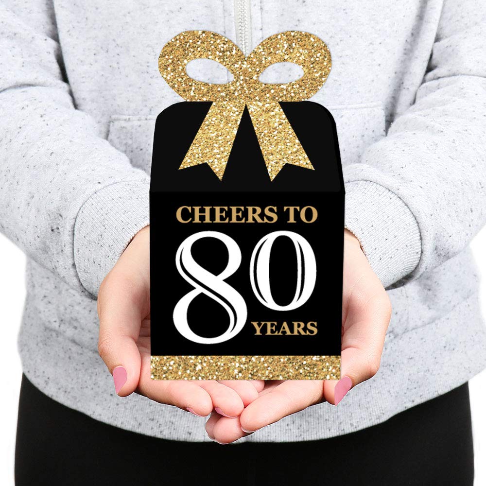 Big Dot of Happiness Adult 80th Birthday - Gold - Square Favor Gift Boxes - Birthday Party Bow Boxes - Set of 12