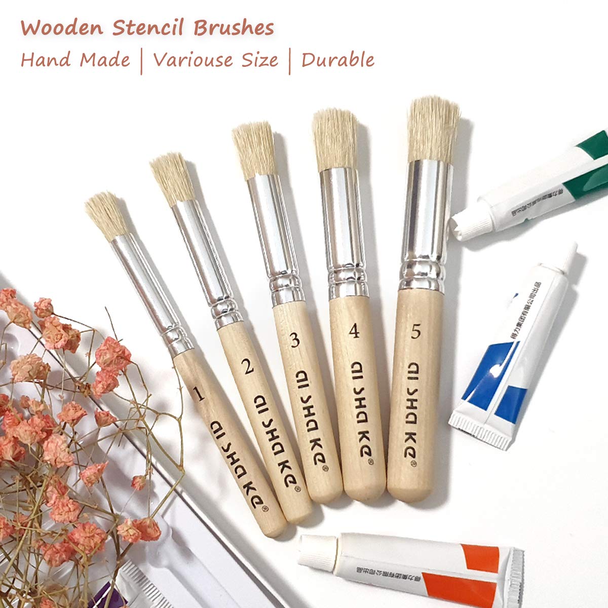 Auhoahsil Stencil Brushes Set, 5 Pcs Natural Bristle Wooden Handle Template Brushes for Wood Wall Model House Painting, Stencil Projects, Card Making, DIY, Crafts and Acrylic Oil Watercolor Painting