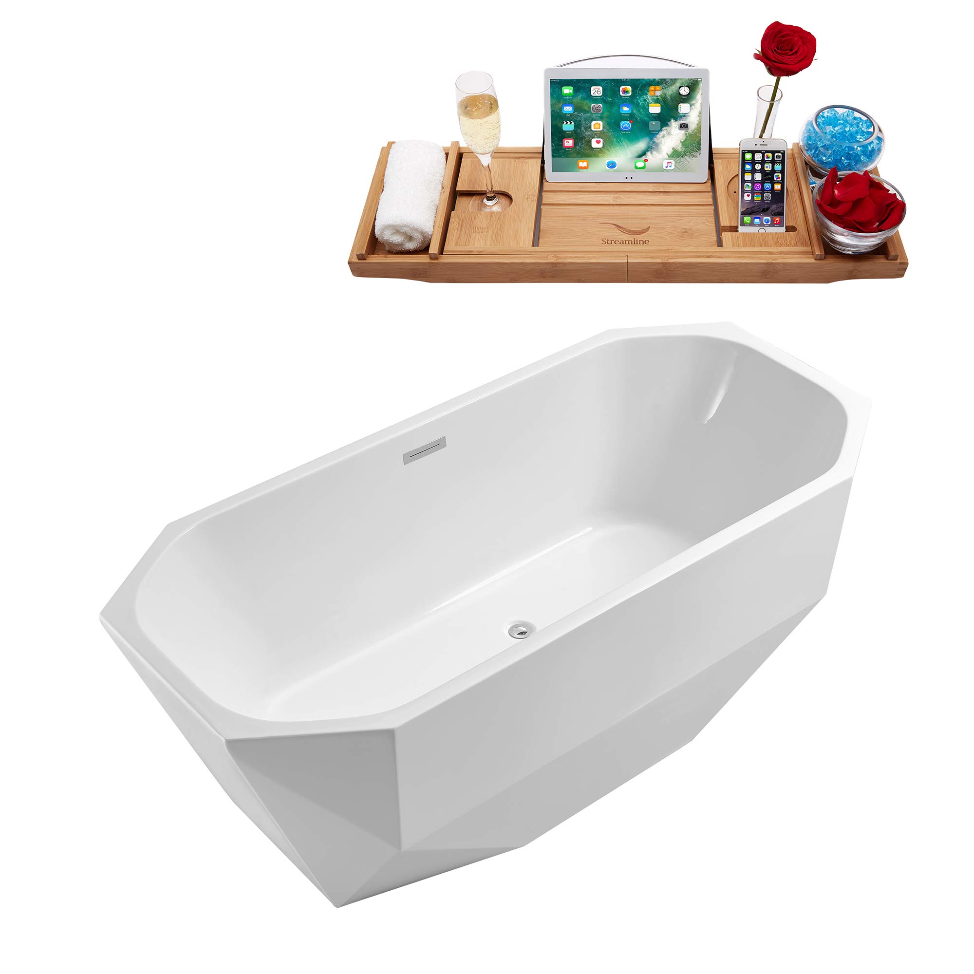 67" Streamline N-622-67FSWH-FM Freestanding Tub and Tray With Internal Drain