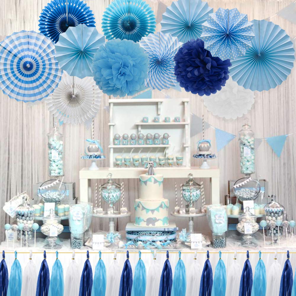 Meiduo Blue Party Decorations Hanging Paper Fans Pom Poms Flowers Tissue Tassel Garland for Elephant Shark Theme Kids Birthday Baby Shower Graduation