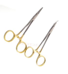 premium german stainless- set of 2 pcs gold handle mosquito locking hemostat forceps straight + curved 5"-cynamed