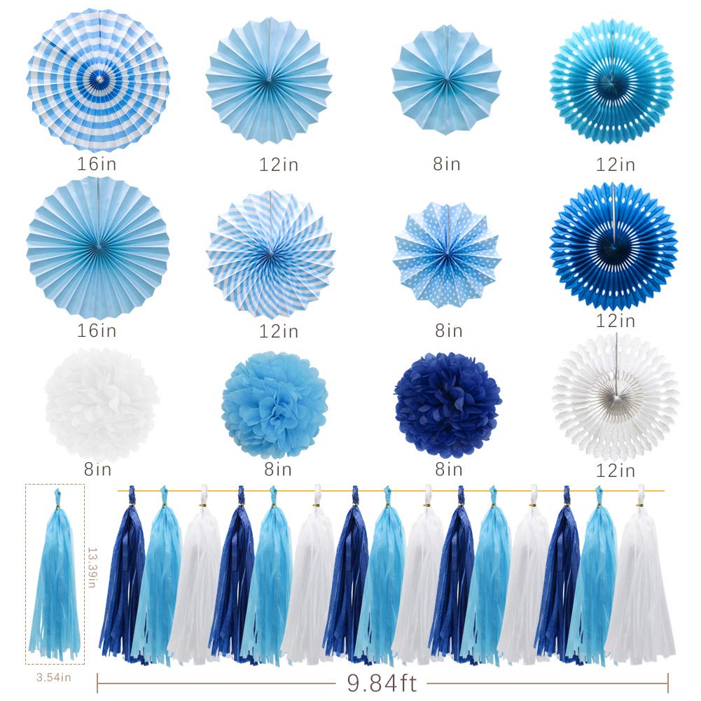 Meiduo Blue Party Decorations Hanging Paper Fans Pom Poms Flowers Tissue Tassel Garland for Elephant Shark Theme Kids Birthday Baby Shower Graduation