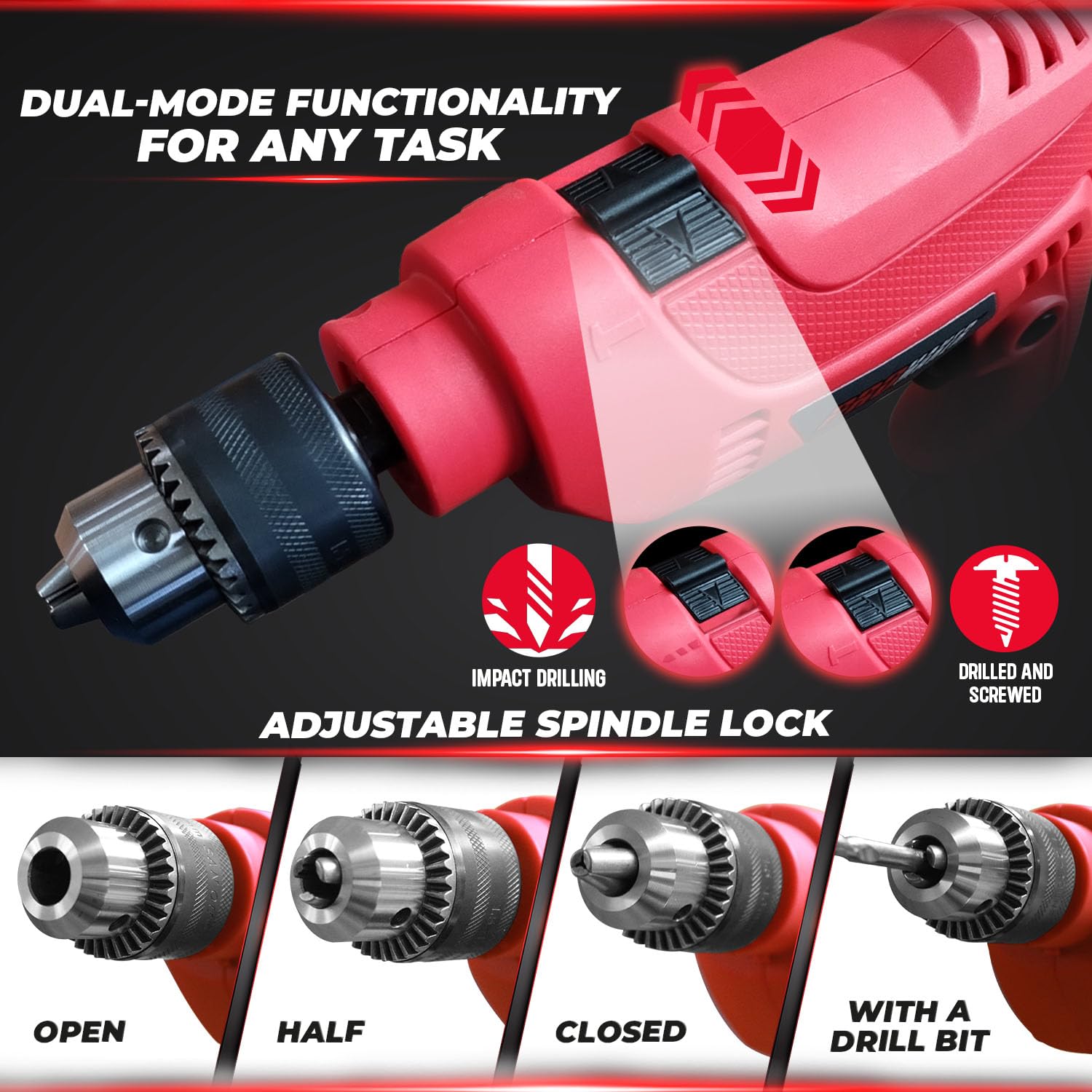 PROMAKER Corded Drill with 88 Accesories, 1/2-inch - Tool set with drill and adjustable handle,- Hammer Drill with Variable speed 0-3000 RPM - Electric drill with option to choose Drill and Hammer.