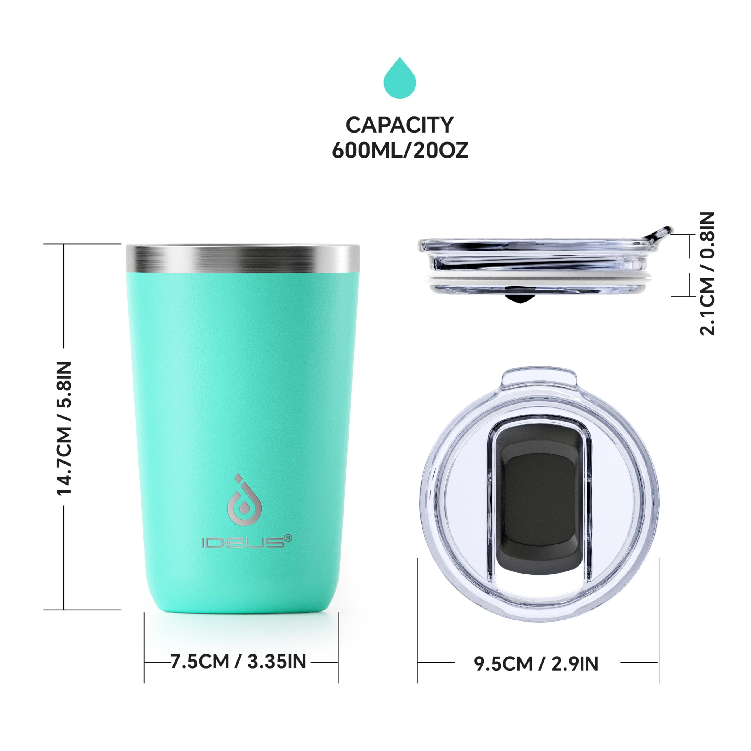 Ideus 20 oz Tumbler, Travel Coffee Mug with Splash Proof Sliding Lid, Double Wall Stainless Steel Vacuum Insulated Coffee Mug for Home and Office, Keep Beverages Hot or Cold, Sky Blue