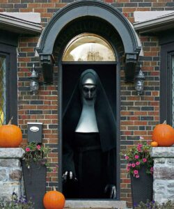 halloween 3d nun door mural sticker - 30 x 80 inches self adhesive door decal sticker horror ghost nun door wallpaper peel and stick removable vinyl decals for terror scary home party bar props